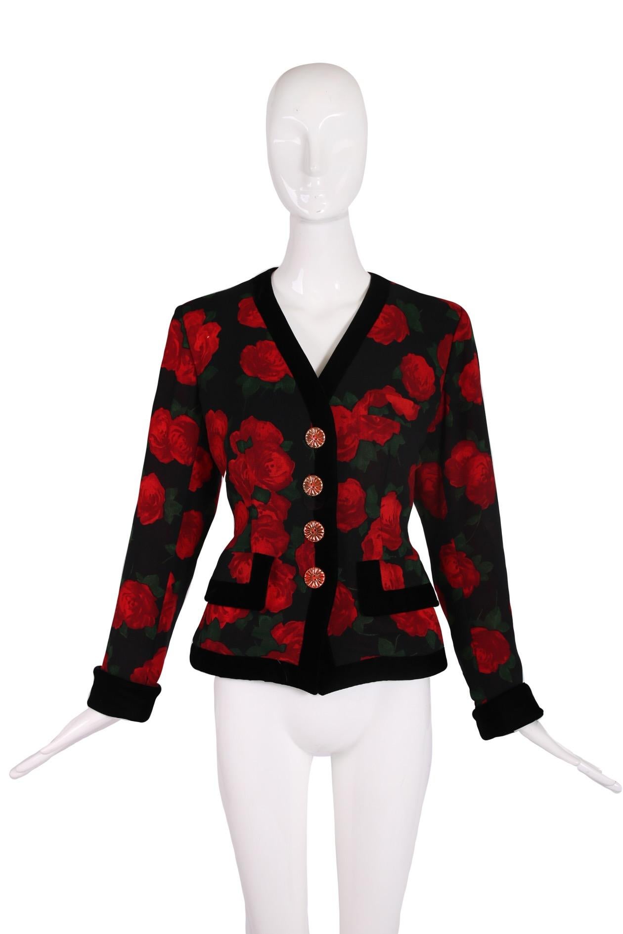 Vintage Yves Saint Laurent Rose Print Jacket w/Velvet Trim For Sale at ...