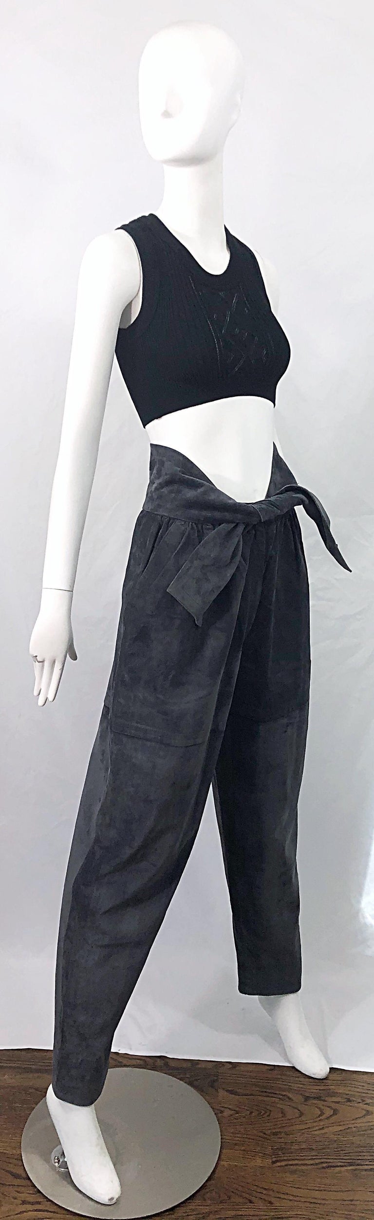 Vintage Yves Saint Laurent YSL 1980s Grey Suede Leather High Waisted Harem Pants For Sale at 1stDibs