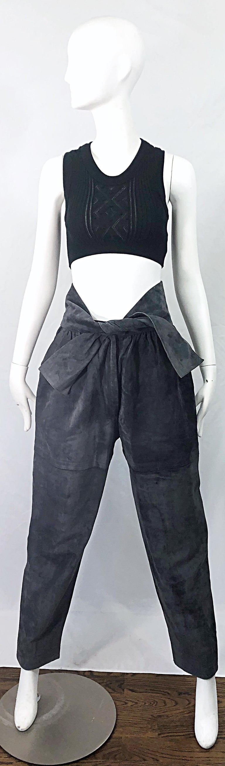 Vintage Yves Saint Laurent YSL 1980s Grey Suede Leather High Waisted Harem Pants For Sale at 1stDibs