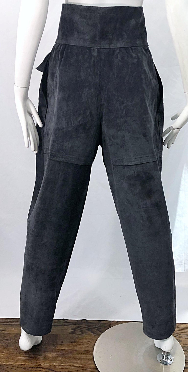 Vintage Yves Saint Laurent YSL 1980s Grey Suede Leather High Waisted Harem Pants For Sale at 1stDibs