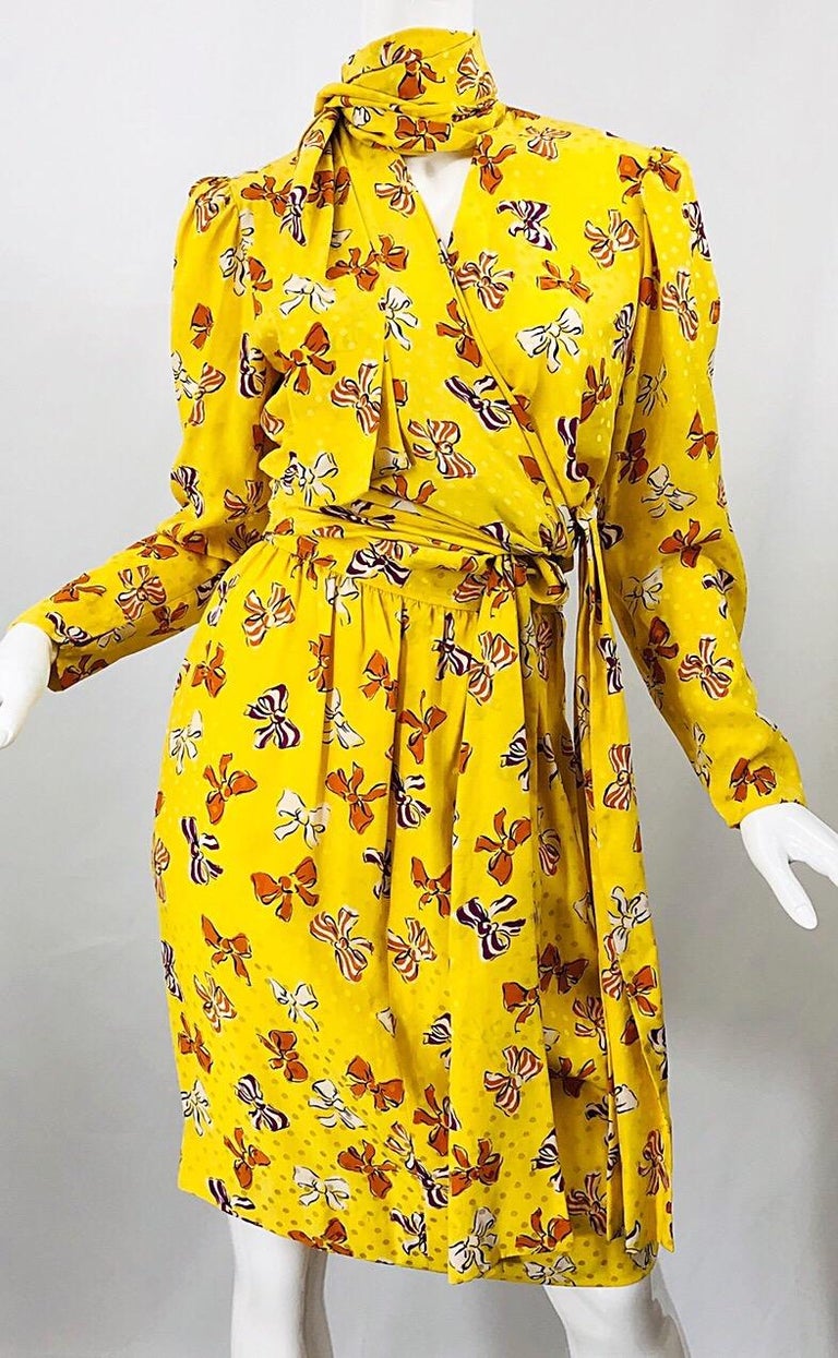 Yves Saint Laurent SS 1987 Runway YSL Yellow Bow Print Silk Blouse ...