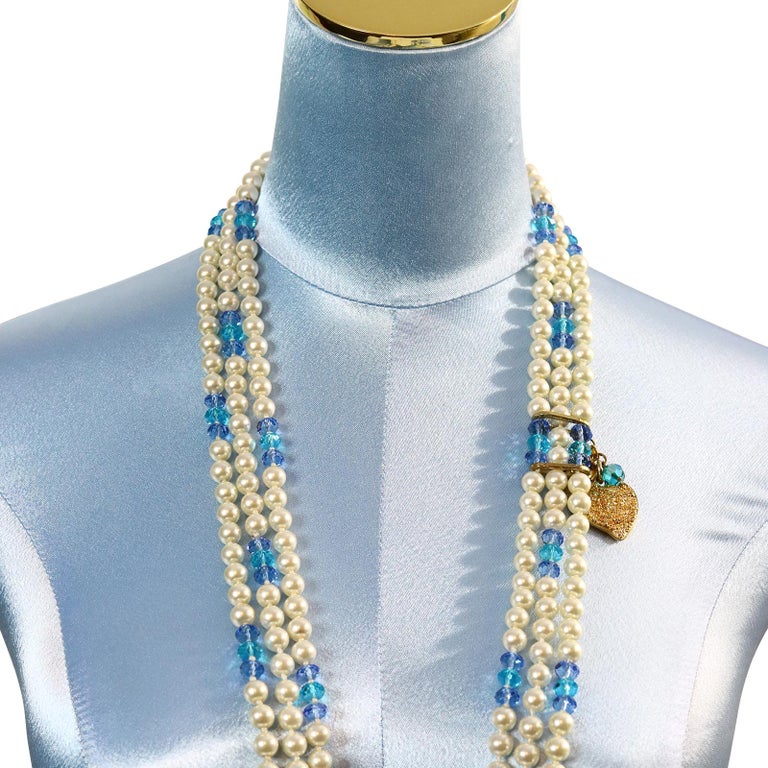 Vintage Yves Saint Laurent YSL 3 Strand Pearl and Blue Bead Necklace ...