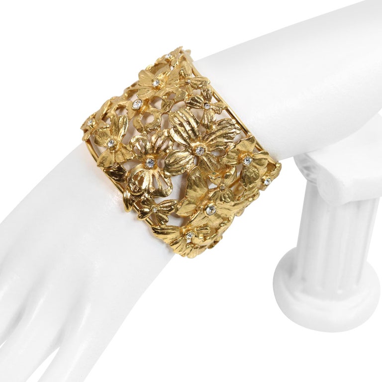 Vintage Yves Saint Laurent YSL Flower and Butterfly Gold Crystal Cuff ...
