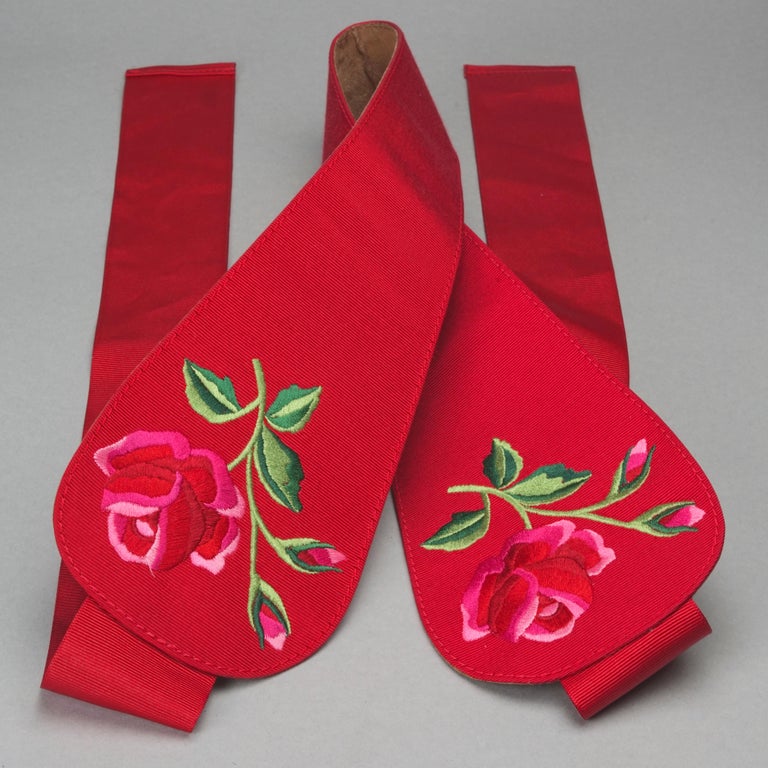Vintage YVES SAINT LAURENT Ysl Flower Embroidered Grosgrain Ribbon Red ...