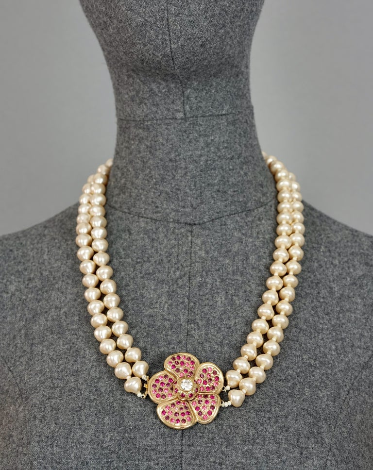 Vintage YVES SAINT LAURENT Ysl Flower Rhinestone Double Strand Pearl ...