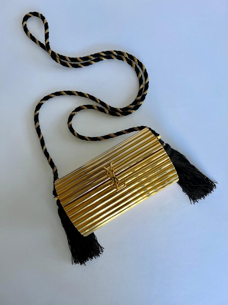 Vintage YVES SAINT LAURENT YSL Gold Metal Minaudiere Tassel Shoulder ...
