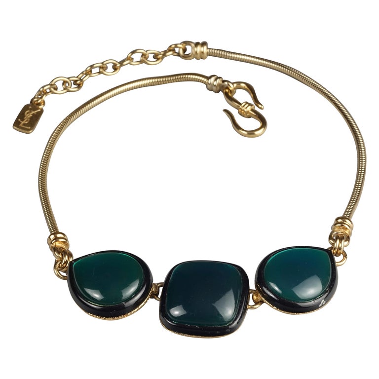 Vintage YVES SAINT LAURENT Ysl Green Cabochon Black Enamel Snake Chain ...