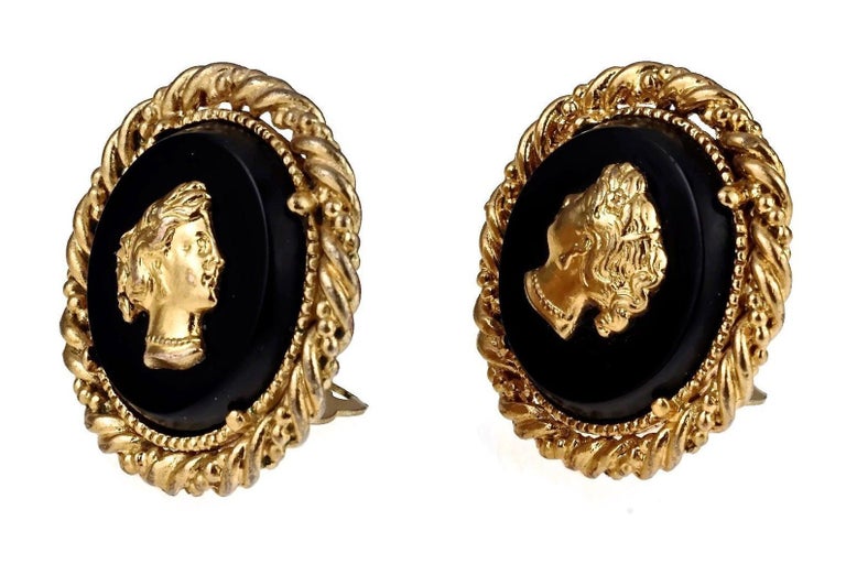 Vintage YVES SAINT LAURENT Ysl Lady Profile Cameo Earrings at 1stDibs