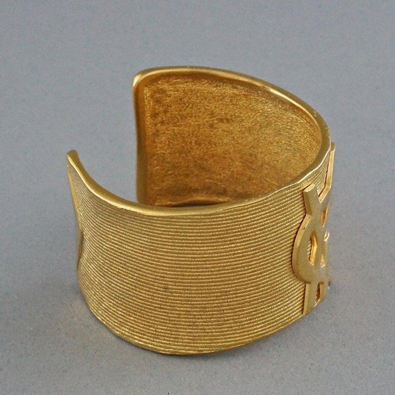 Vintage YVES SAINT LAURENT Ysl Logo Ribbed Gold Cuff Bracelet For Sale ...