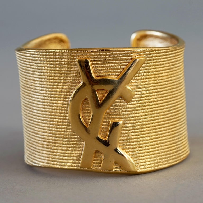 Vintage YVES SAINT LAURENT Ysl Logo Textured Gold Cuff Bracelet For ...