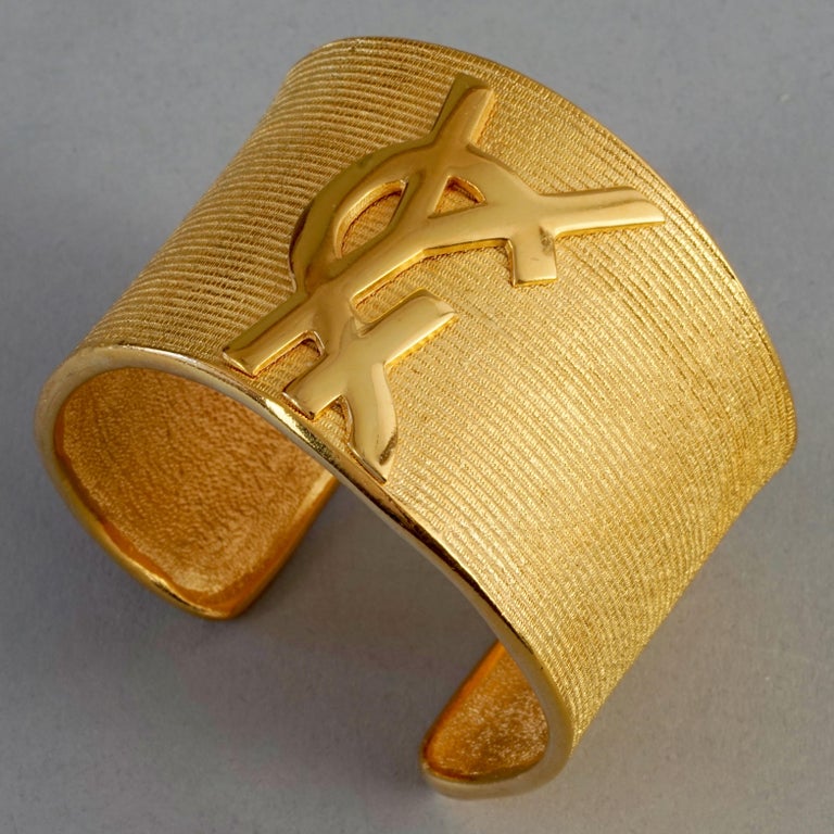 Vintage YVES SAINT LAURENT Ysl Logo Textured Gold Cuff Bracelet For ...