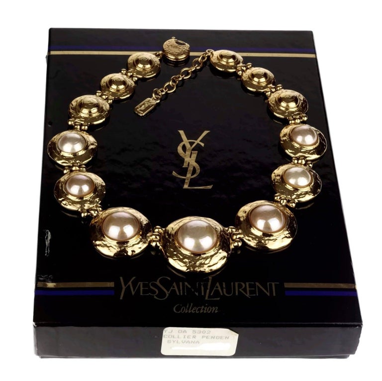 Vintage YVES SAINT LAURENT Ysl Pearl Textured Disc Choker Necklace at ...