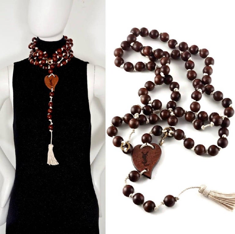 Vintage YVES SAINT LAURENT Ysl Wood Heart Rosary Tassel Belt Necklace ...