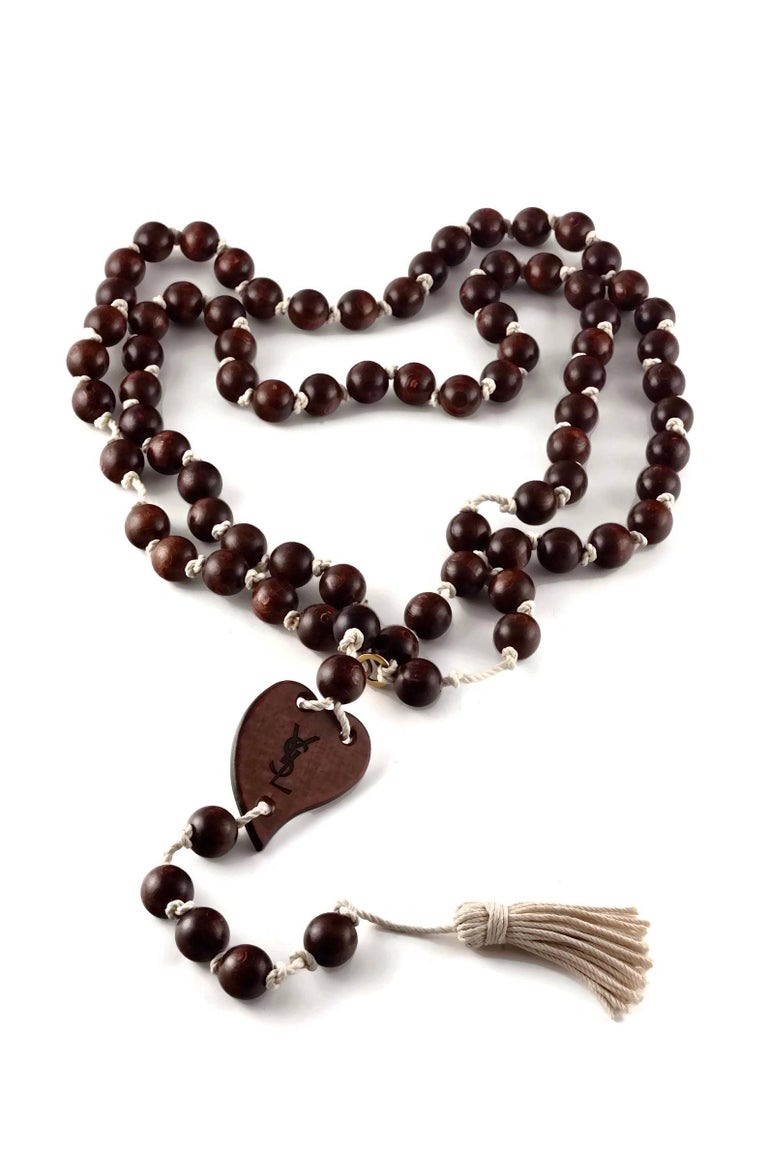 Vintage YVES SAINT LAURENT Ysl Wood Heart Rosary Tassel Belt Necklace ...