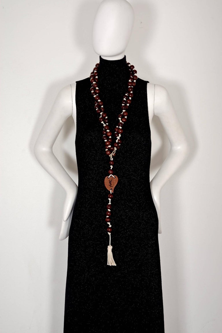 Vintage YVES SAINT LAURENT Ysl Wood Heart Rosary Tassel Belt Necklace ...