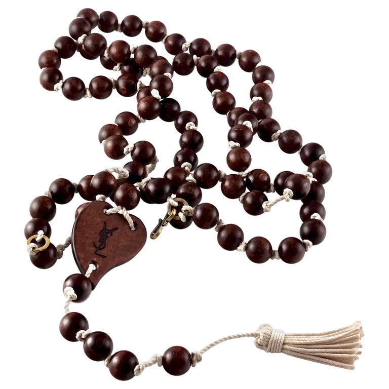 Vintage YVES SAINT LAURENT Ysl Wood Heart Rosary Tassel Belt Necklace ...