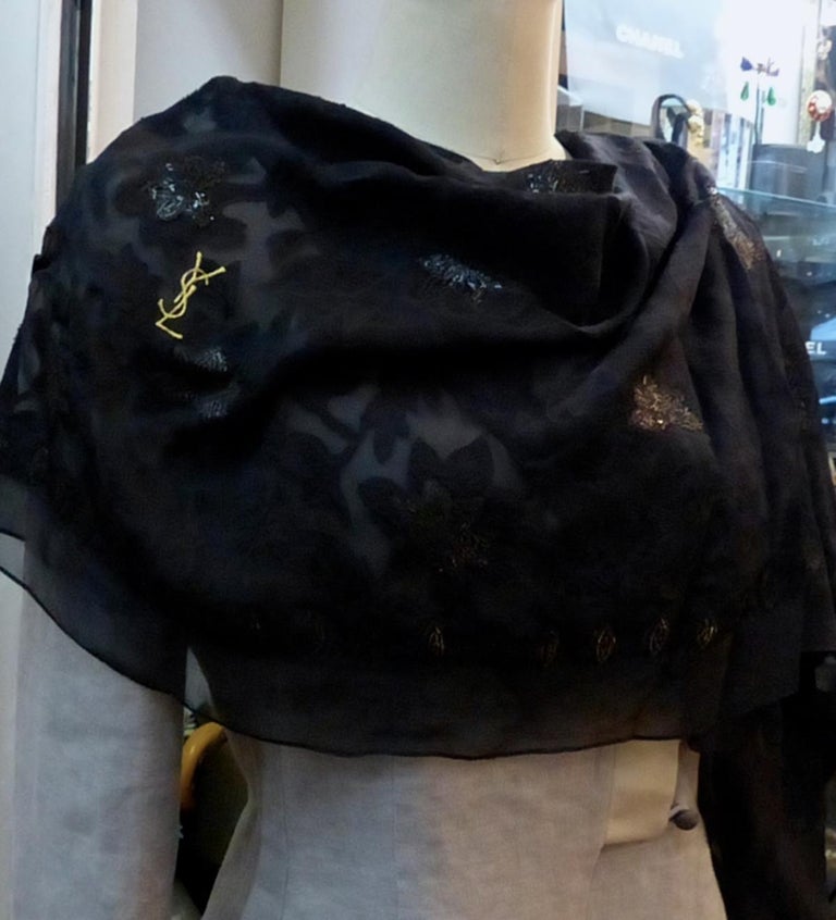 Vintage Yves St. Laurent YSL Black Silk Floral Pattern Scarf For Sale ...