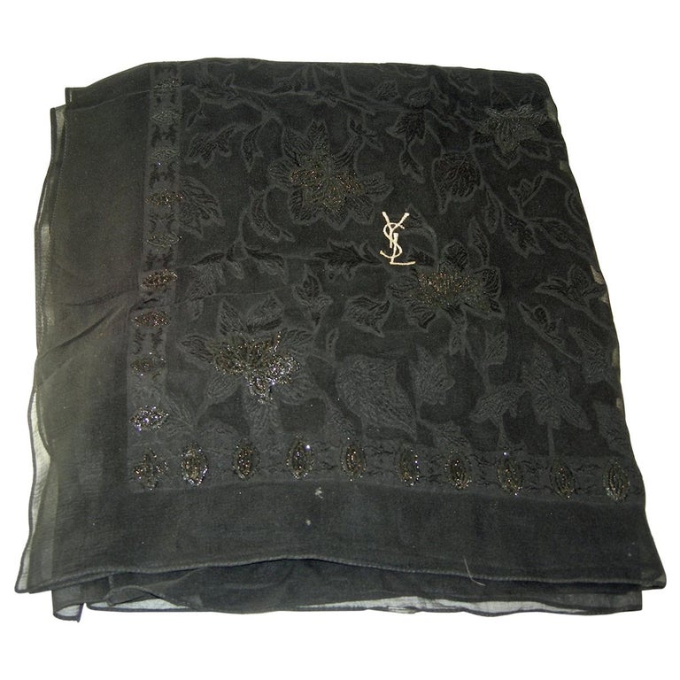 Vintage Yves St. Laurent YSL Black Silk Floral Pattern Scarf For Sale ...