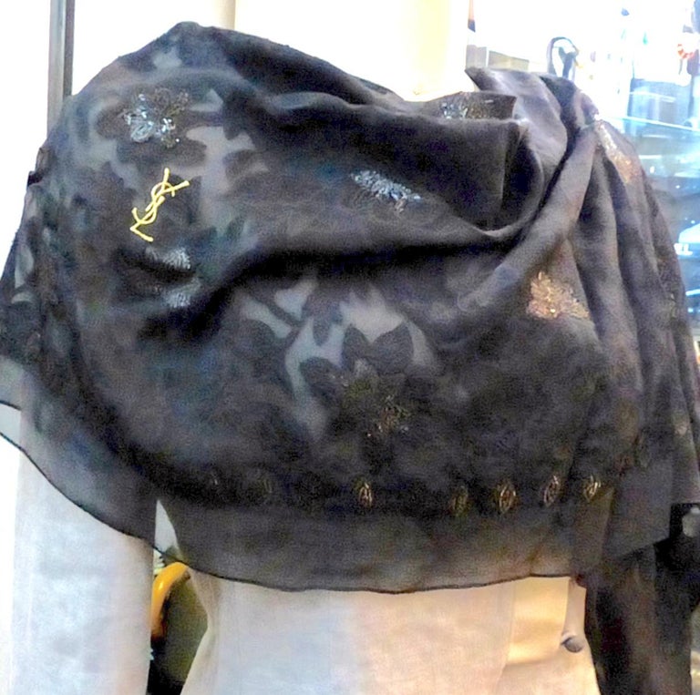 Vintage Yves St. Laurent YSL Black Silk Floral Pattern Scarf For Sale ...