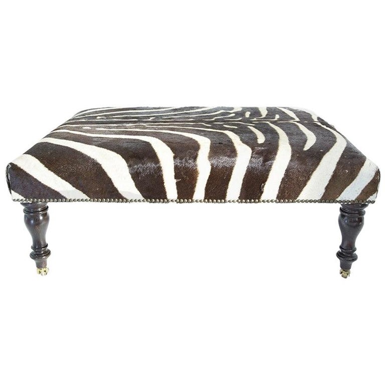 Vintage Zebra Ottoman with Turned Wood Legs For Sale at 1stDibs