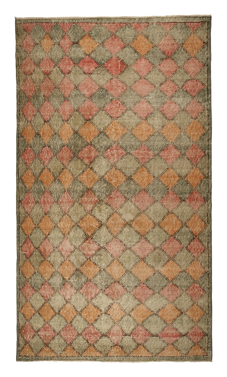 Vintage Zeki Müren Rug in Green, Orange and Red Diamond Pattern, by Rug ...