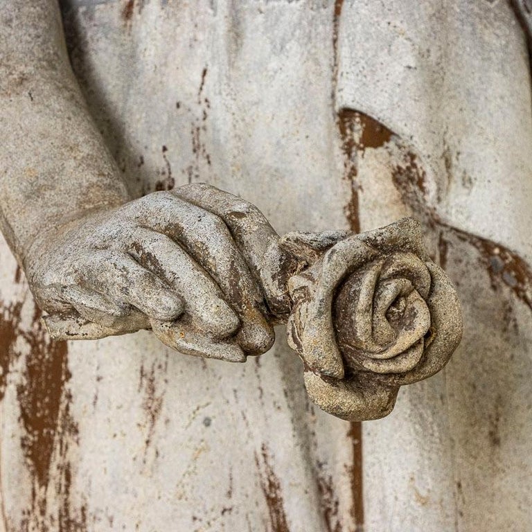 Vintage Zinc Garden Statue of Lady Holding Rose, Early 20th Century ...