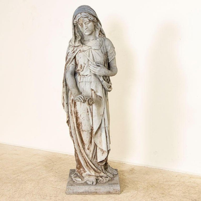 Vintage Zinc Garden Statue of Lady Holding Rose, Early 20th Century ...