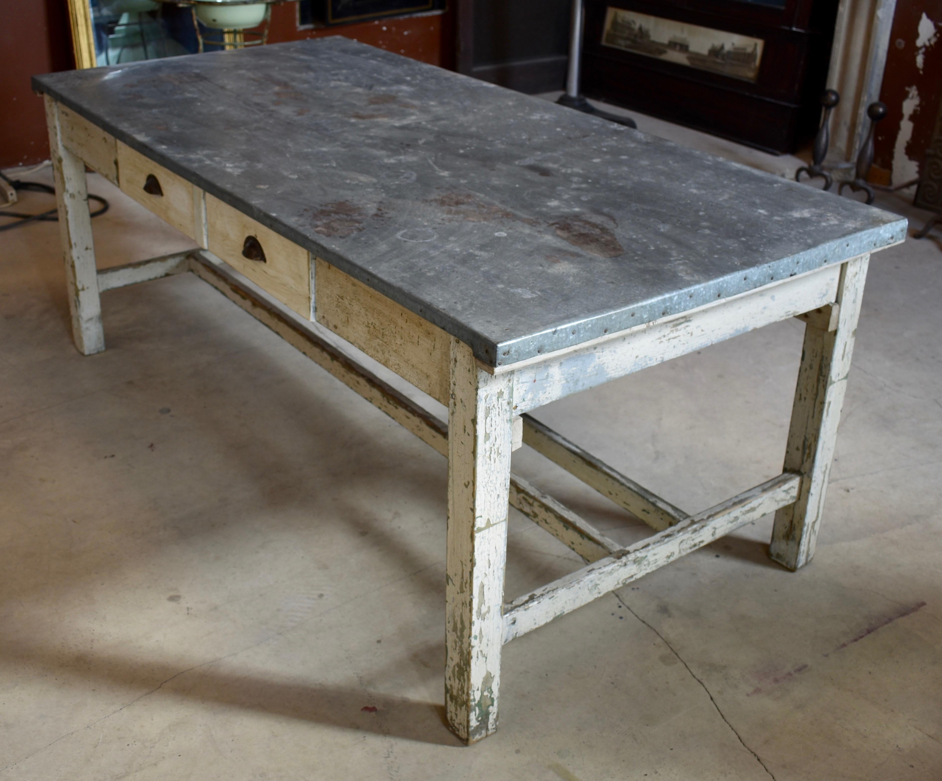 Vintage Zinc-Top Stretcher-Base Work Table at 1stDibs