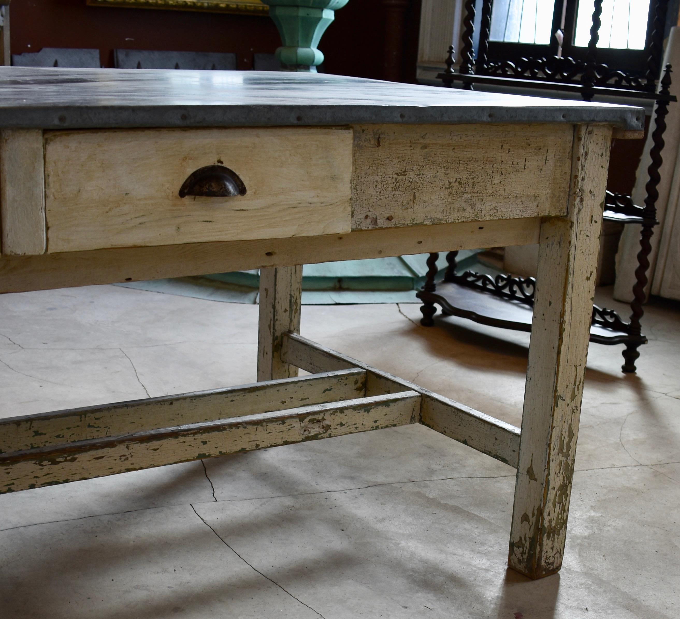 Vintage Zinc-Top Stretcher-Base Work Table at 1stDibs