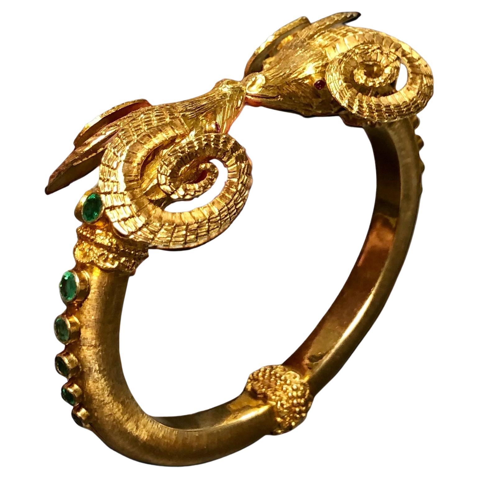 Vintage ZOLOTAS Ruby Emerald Double Rams Head Cuff Bangle Bracelet For ...