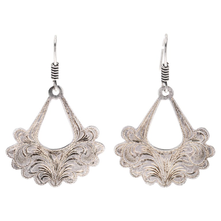 Vintage Mexican Engraved Scroll Dangle Earrings, Sterling Silver For Sale at 1stDibs