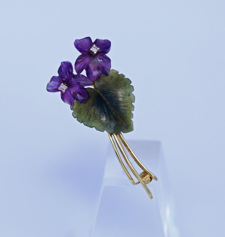 Violet Flower Amethyst Jade Diamond Brooch Pin 14 Karat Gold, 1940s at ...