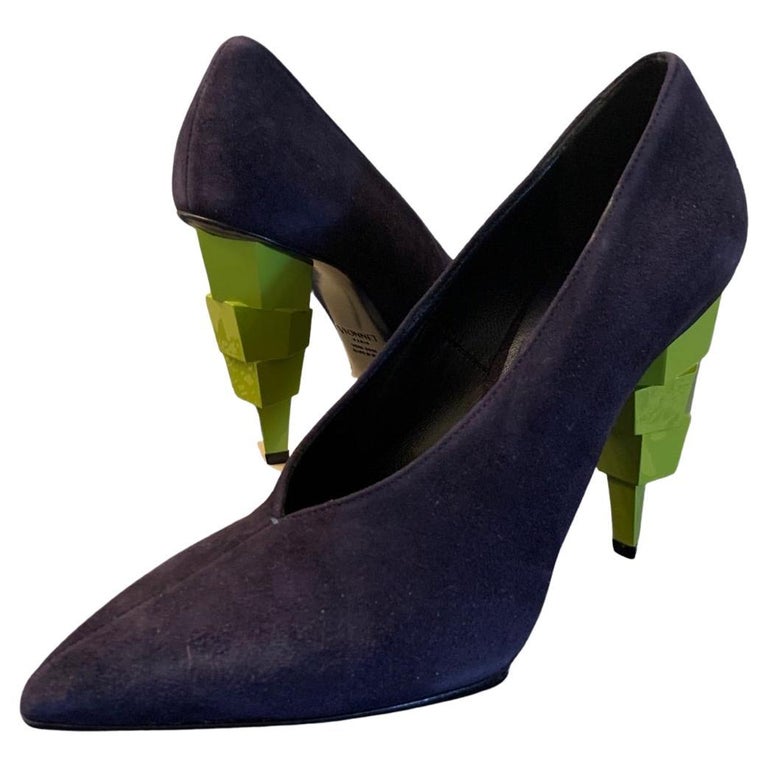 Vionnet Paris Navy Suede Pumps with Chartreuse Sculpture Heel Italy ...