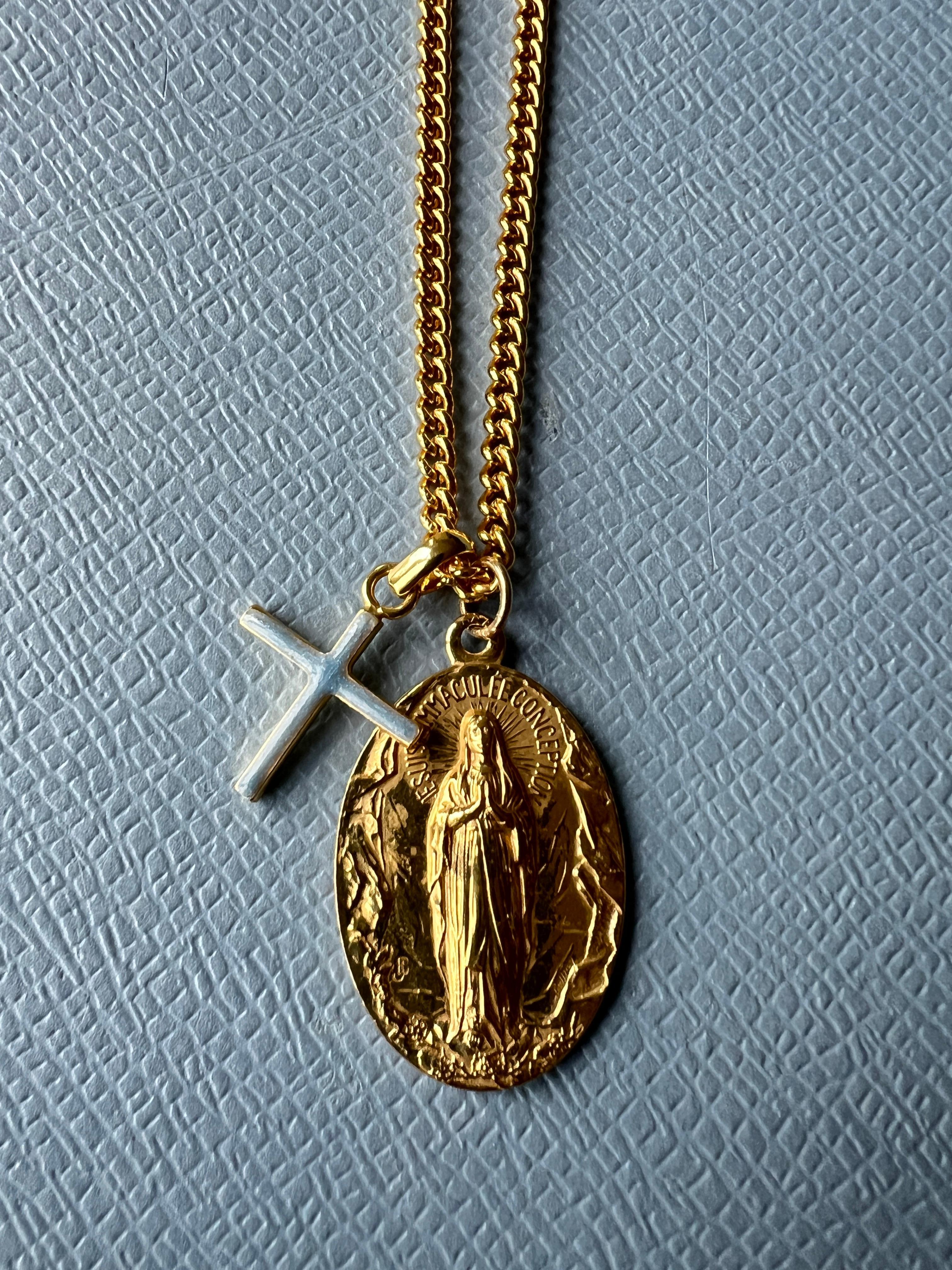 Virgin Mary Medal Chain Necklace Enamel Cross Religious For Sale at 1stDibs