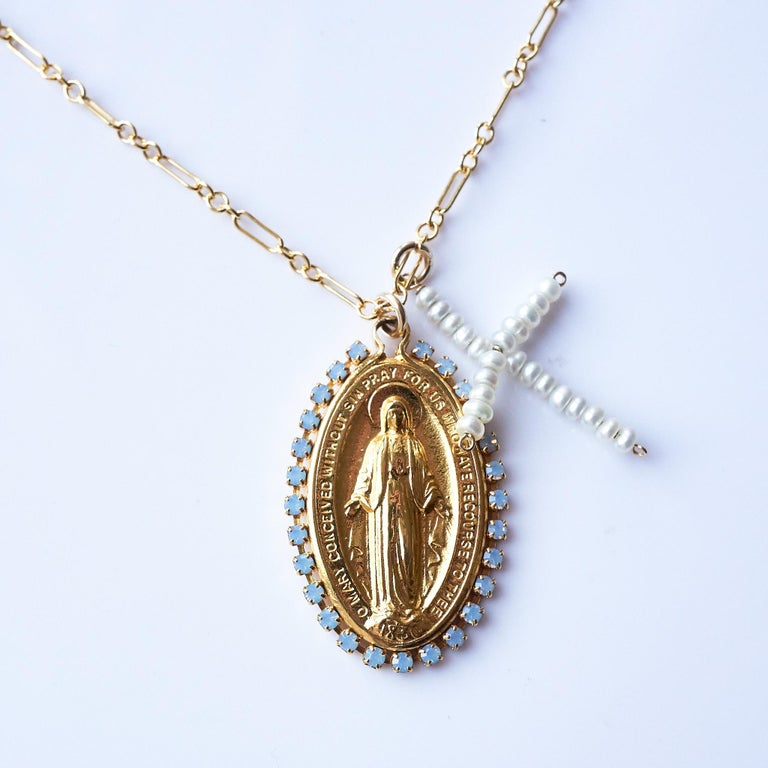 Virgin Mary Oval Medal White Pearl Cross Chain Necklace Light Blue ...