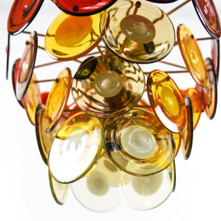 Vistosi Crimson, Amber and Cream Murano Glass Disk Chandelier, Brass ...