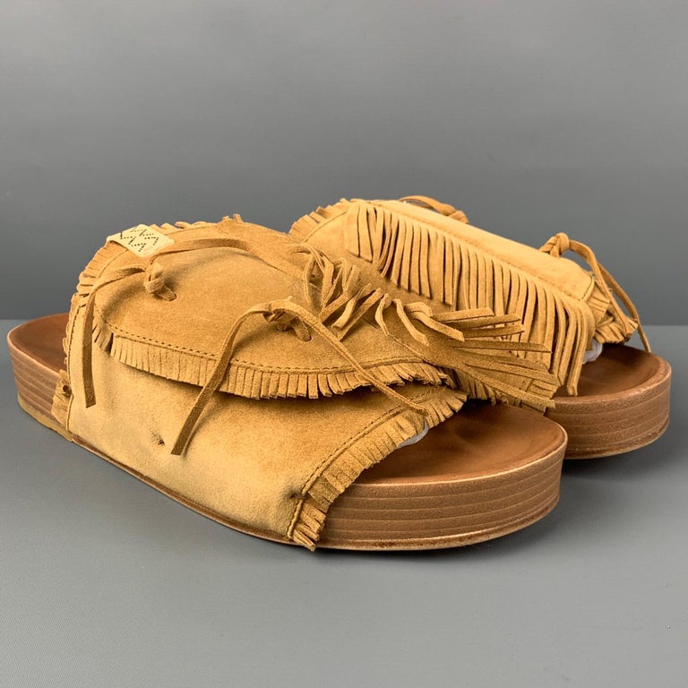 VISVIM Size L Tan Fringe Leather Slip On Sandals at 1stDibs
