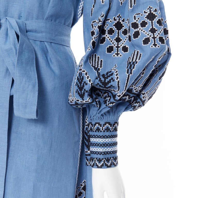VITA KIN blue linen black white ethnic embroidered puff sleeve belted ...