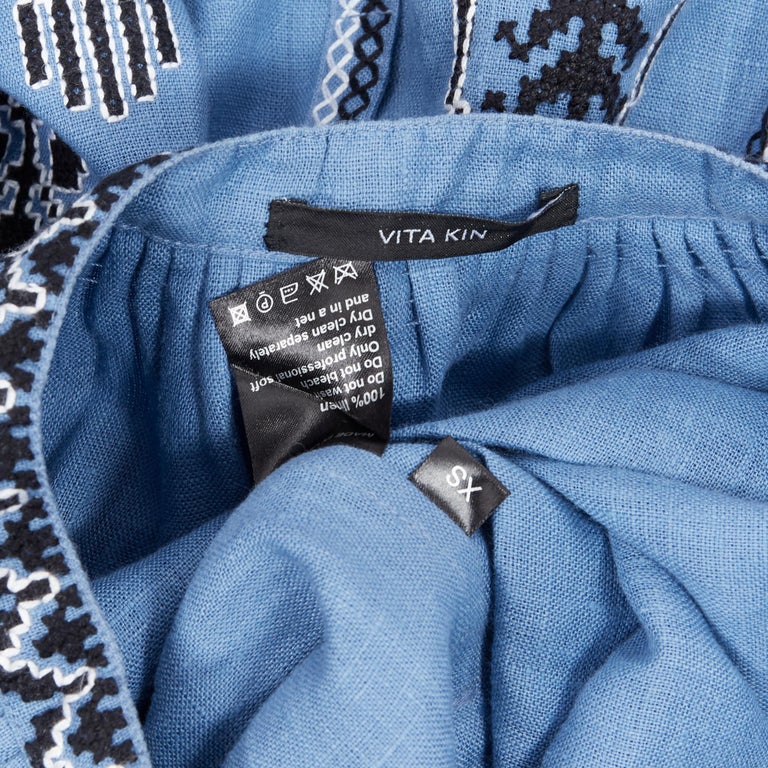 VITA KIN blue linen black white ethnic embroidered puff sleeve belted ...