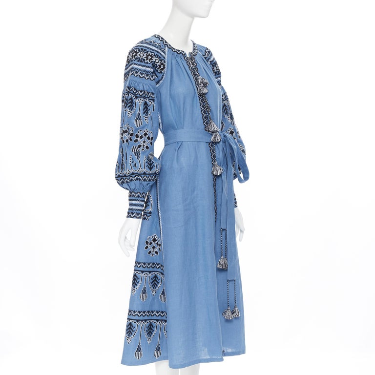VITA KIN blue linen black white ethnic embroidered puff sleeve belted ...