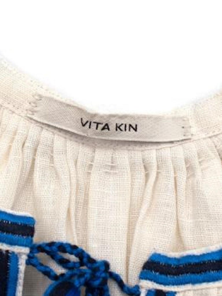 Vita Kin Cream and Blue Floral Embroidered Linen Top For Sale at 1stDibs