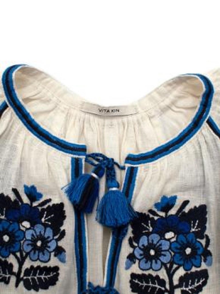 Vita Kin Cream and Blue Floral Embroidered Linen Top For Sale at 1stDibs