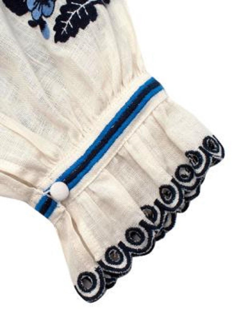 Vita Kin Cream and Blue Floral Embroidered Linen Top For Sale at 1stDibs