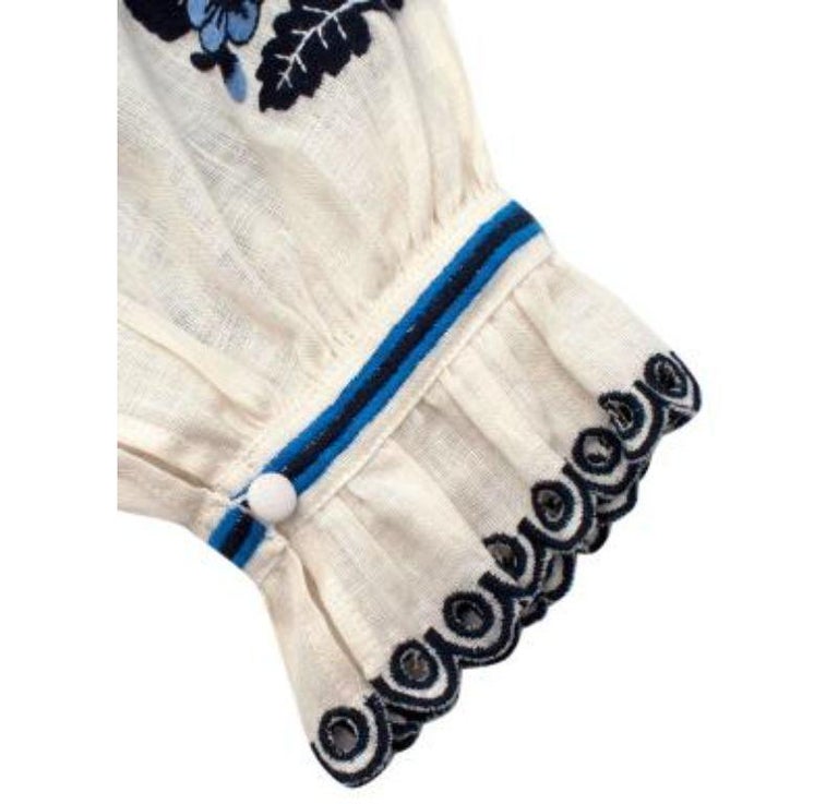 Vita Kin Cream and Blue Floral Embroidered Linen Top For Sale at 1stDibs