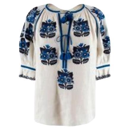 VITA KIN blue linen black white ethnic embroidered puff sleeve belted ...