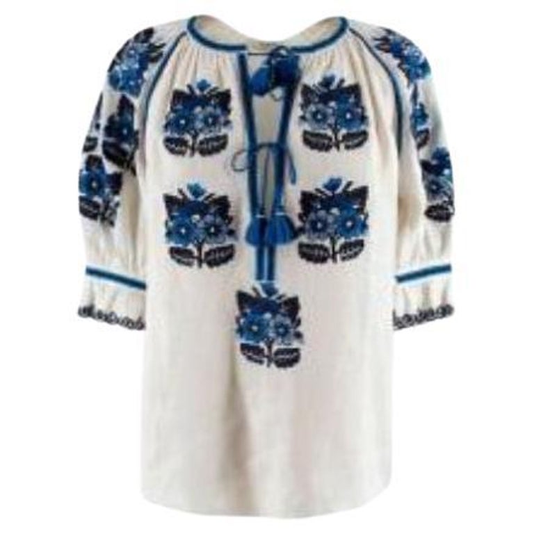 Vita Kin Cream and Blue Floral Embroidered Linen Top For Sale at 1stDibs