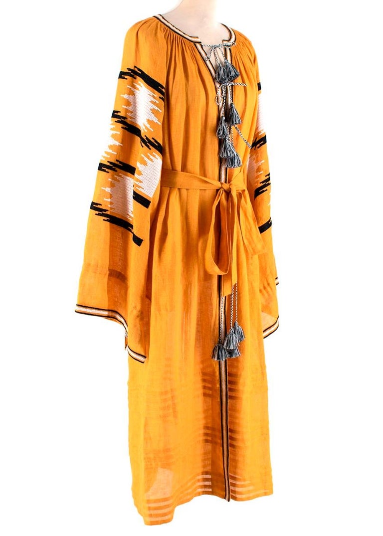 Vita Kin Golden Orange Linen Embroidered Belted Midi Dress - Size M at ...