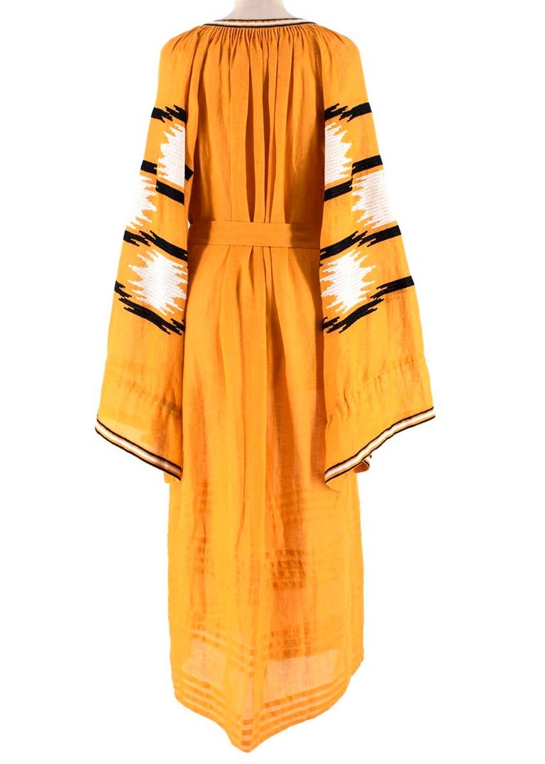 Vita Kin Golden Orange Linen Embroidered Belted Midi Dress - Size M at ...