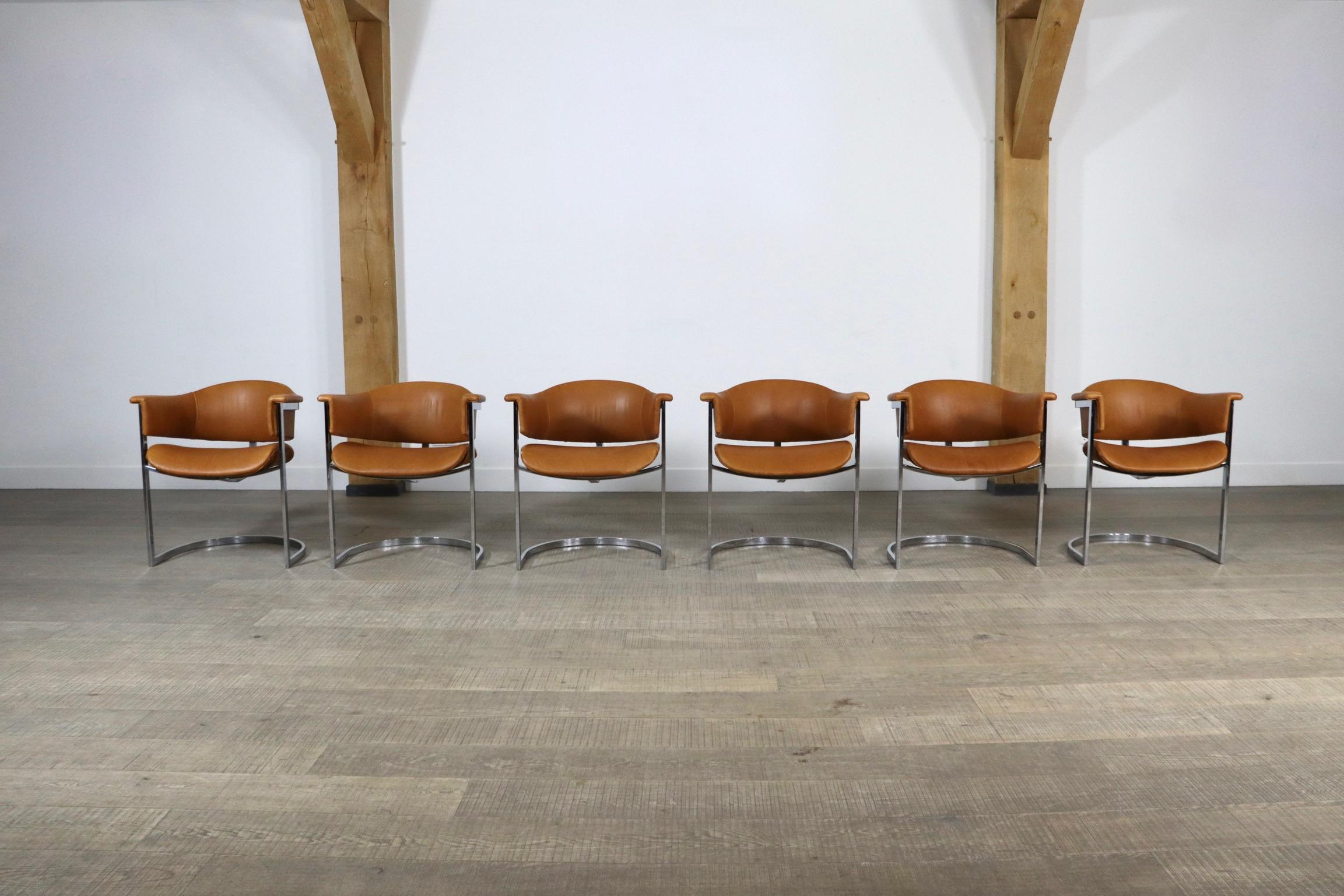 Vittorio Introini Set of 6 Dining Chairs in Chromed Steel and Cognac ...