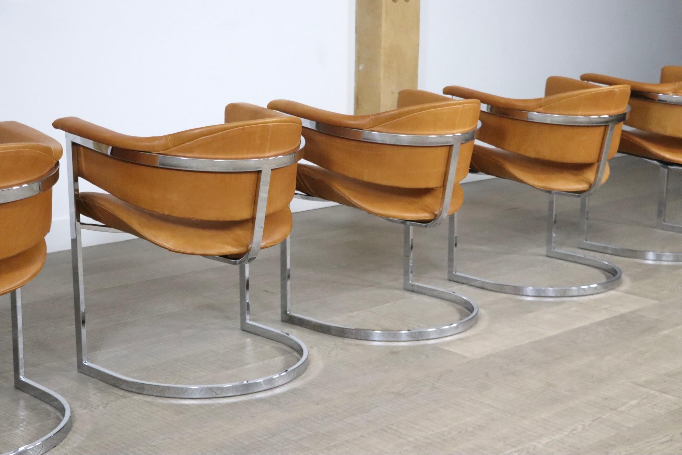 Vittorio Introini Set of 6 Dining Chairs in Chromed Steel and Cognac ...